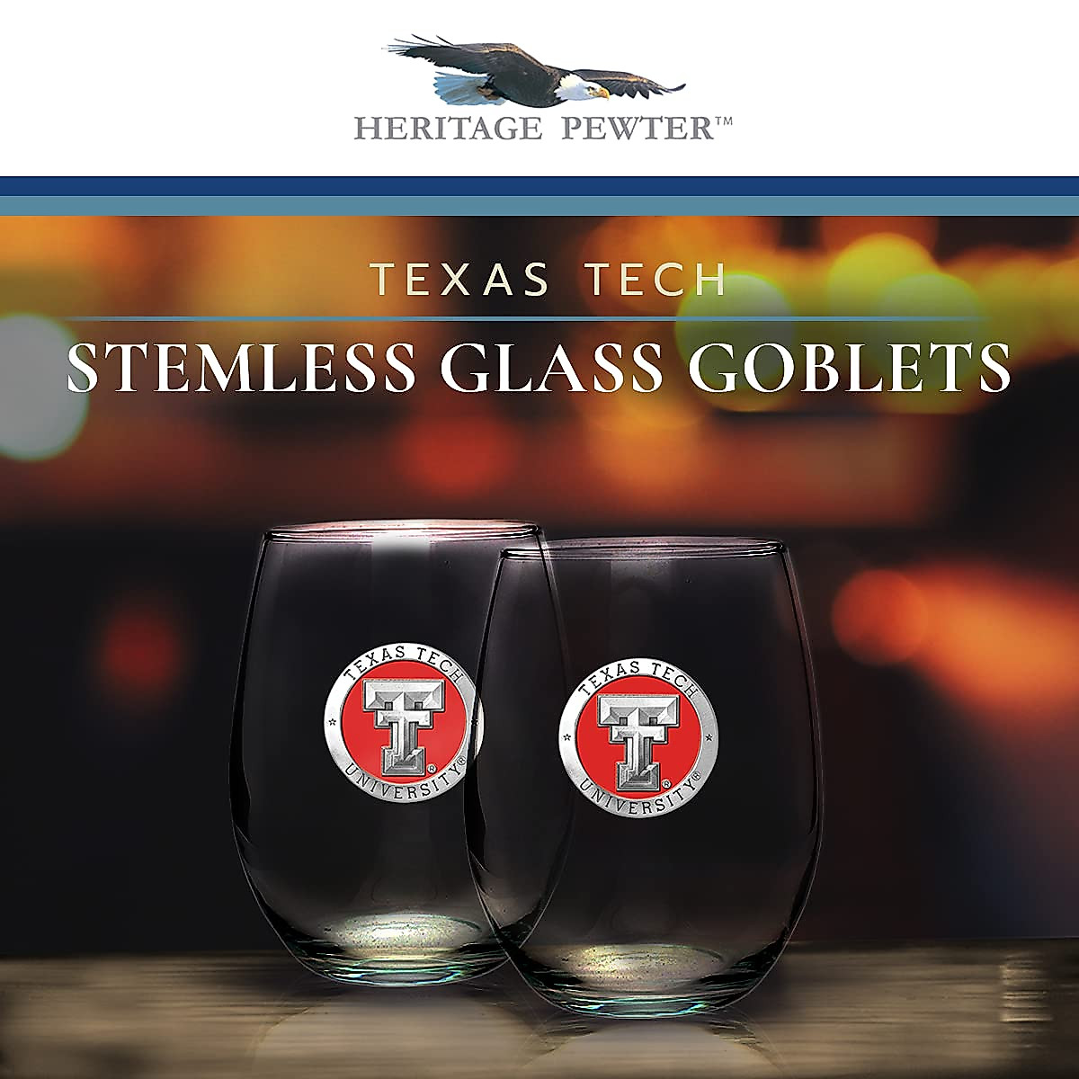 Heritage Pewter Texas Tech Red Raiders Stemless Glass Goblets – Set of 2 | 15 OZ Goblet Wine Glasses | Expertly Crafted Pewter Glass