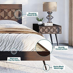 Bme Georgina Queen Bed Frame and Headboard, Handcrafted Geometric Pattern Solid Wood Platform Bed Frame, No Box Spring Needed, 12 Strong Wood Slats Support, Easy Assembly, Walnut