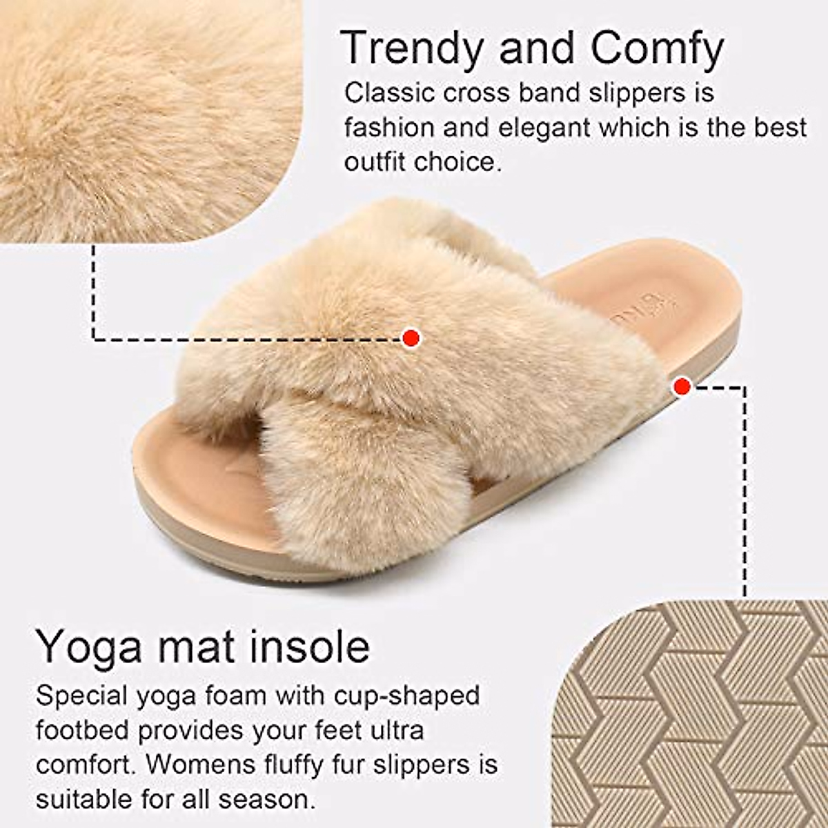 KuaiLu Womens furry ladies slides Open Toe Slippers cozy Lightweight Soft Yoga Mat Cross Band Slippers fluffy warm Slippers