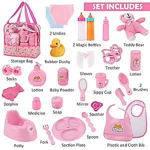 28 PCS Baby Doll Accessories Complete Car Set - Doll Feeding Pretend Playset for Kids, Girls with Magic Milk Bottles in a Storage Bag