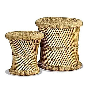 KAM Home Handicrafts Bamboo Stool MUDDA Stool Set of 2 PCS Chair/Stool/Muddha/Mudda for Outdoor Indoor Furnishing 2 Piece