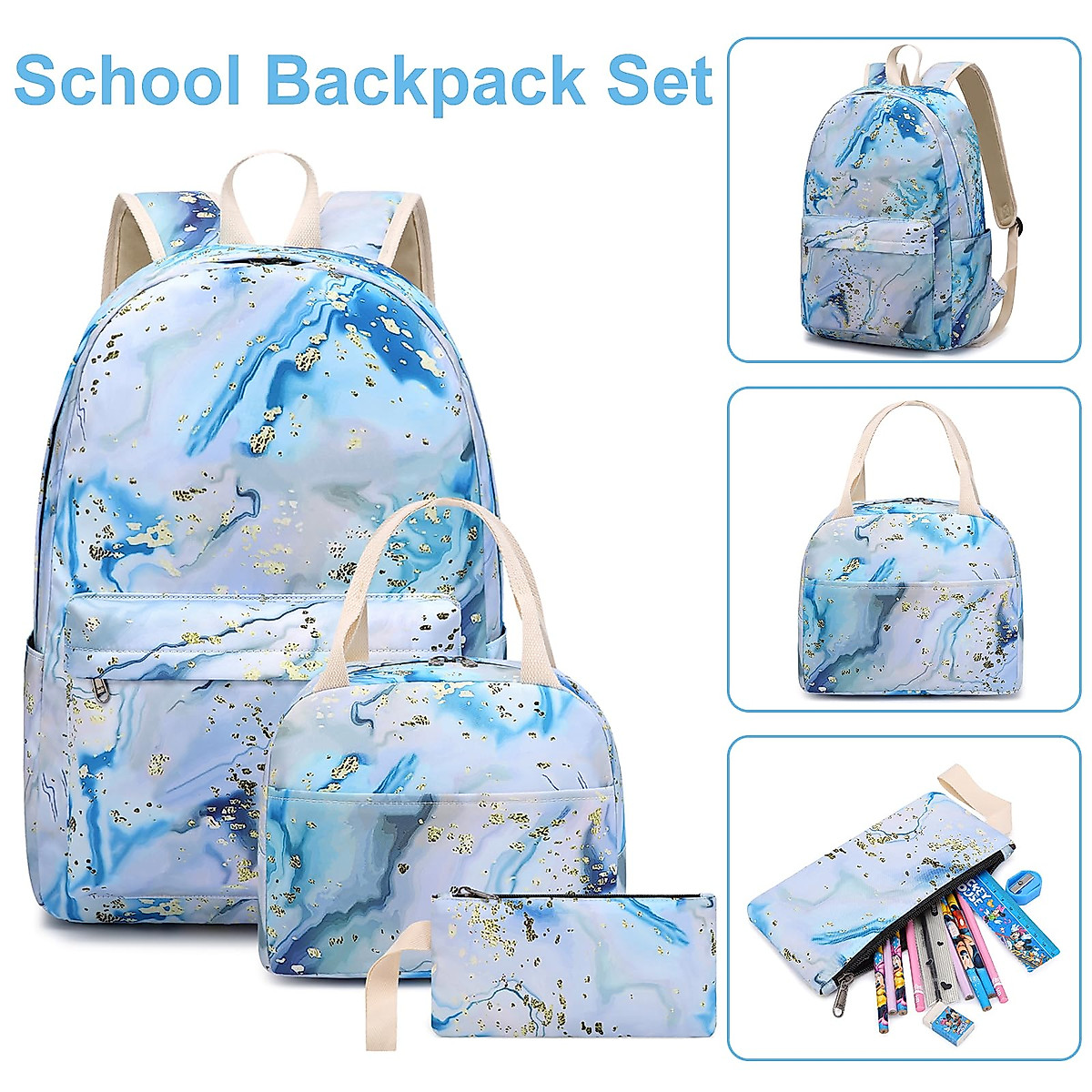 Bluboon Teen Girls School Backpack Kids Bookbag Set with Lunch Box Pencil Case Travel Laptop Backpack Casual Daypacks (Blue-white)