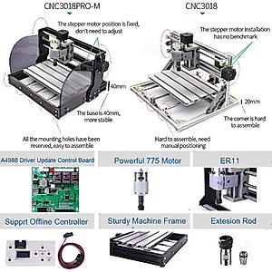 2-in-1 7000 mW CNC 3018 Pro-M CNC Engraving Machine GRBL Control Router Kit 3 Axis PCB Milling Machine Wood Router Engraver with Offline Controller,XYZ Working Area 300 x 180 x 45mm