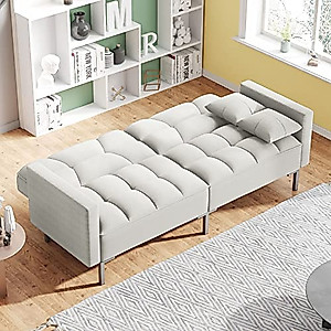 P PURLOVE Linen Upholstered Modern Sofa Bed with Armrest, Sofa with Adjustable Backrest, Convertible Folding Futon Sofa Bed with Sturdy Metal Legs, for Living Room, Bedroom, Office, White