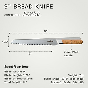 Made In Cookware - 9" Inch Bread Knife - Crafted in France - Full Tang With Olive Wood Handle