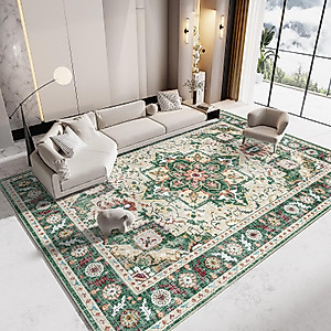 Vamcheer Washable Area Rug - Green Vintage 5x7 Area Rugs for Living Room, Bedroom, Machine Washable Rug Non-Slip Backing, Ultra-Soft Low Pile Carpet