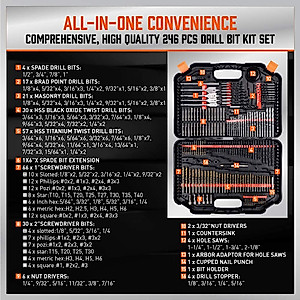 Ultimate Drill Bit Set - 246 PCS Comprehensive Premium Quality Drill Bits Kit for Wood Metal Cement Drilling & Screw Driving, Full Combo Kit Assorted in Organized Carrying Case, Reinforced Packaging
