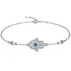 Hamsa Hand Evil Eye Bracelet for Women Sterling Silver Dainty Cute Crystal Round Blue Evil Eye Fatima Bracelets