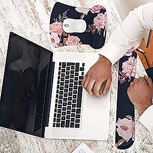 MOSISO Wrist Rest Support for Mouse Pad & Keyboard Set, Peony Ergonomic Mousepad Non-Slip Base Home/Office Pain Relief & Easy Typing Cushion with Neoprene Cloth & Raised Memory Foam, Black