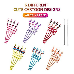 24 Mouse Straws with 2 Cleaning Brush 6 Designs Great for Mickey Theme Birthday Minnie Party Favors and Party Supplies