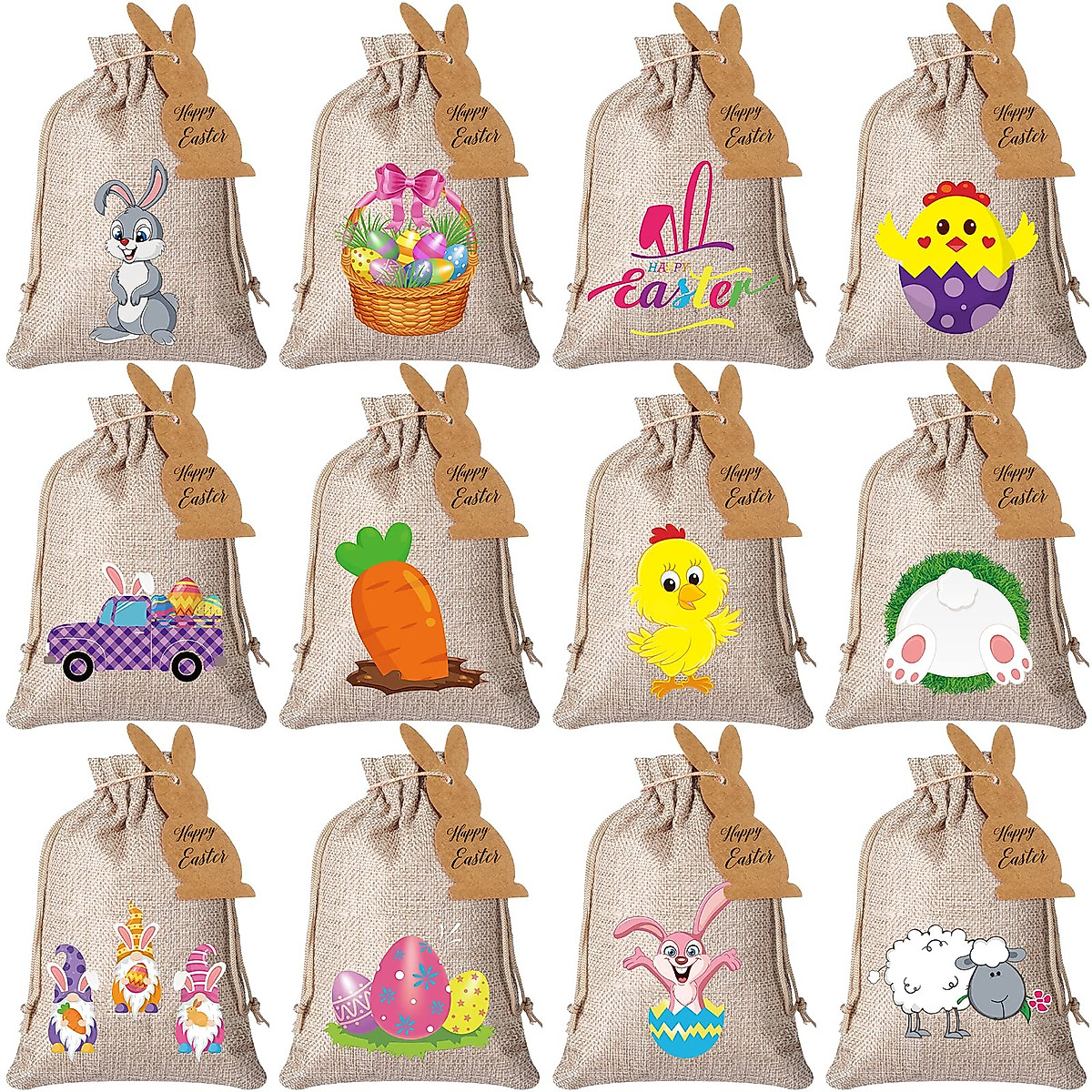 24 Pcs Easter Burlap Drawstring Bags Easter Burlap Bags with Drawstrings Bunny Linen Goody Gift Bags with Double Jute Drawstrings Easter Bags Burlap Easter Bunny Bags for Easter Party (Bright Style)