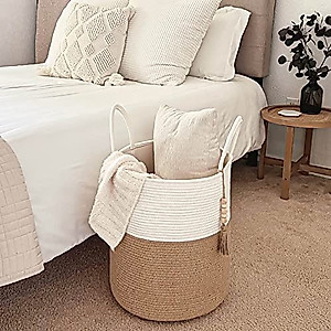 CherryNow Wicker Laundry Basket Tall Woven Hamper, Blanket Storage Basket for Living Room, Entryway, Toy Basket for Nursery, Decorative Clothes Hamper for Bedroom, White & Jute, 51L, 15 x 17.7 inches