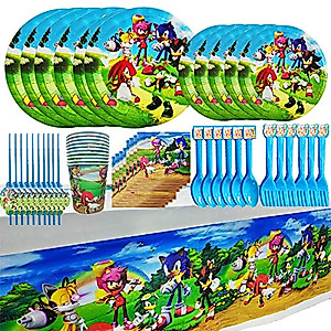 JLSMAO Sonic The Hedgehog Party Supplies, Sonic The Hedgehog Flatware, Plates, Paper Cups, Straws, Napkins, Spoons, Fork, Tablecloth Party Decorations Kids Shower Birthday Party Favors Set. (Blue)