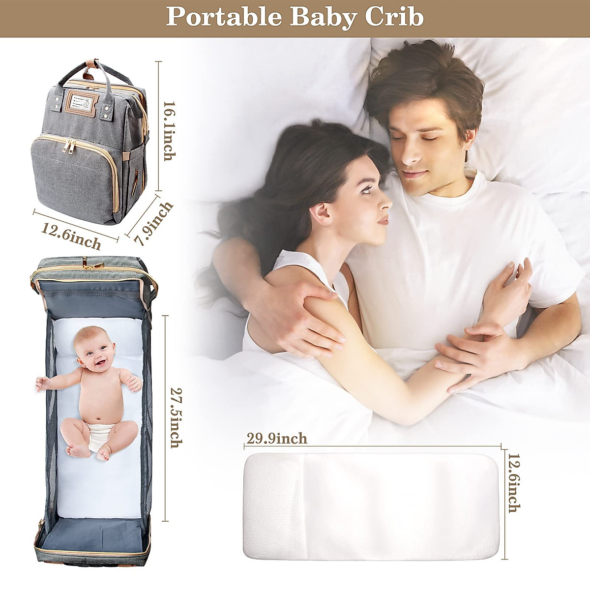 DAVFUN Diaper Bag Backpack with Changing Station, Portable Foldable Baby Bags for Boys, Large Capacity Waterproof Travel Bags with Changing Pad and Stroller Straps for Mom Dad (Grey)