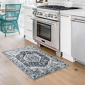 KOZYFLY Small Area Rug 2x3 Ft Rugs for Entryway Washable Boho Entry Rug Non Slip Door Mat Indoor Entrance Grey Faux Wool Vintage Printed Kitchen Rug Throw Rugs for Entrance Kitchen Bathroom