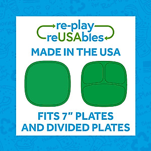 Re-Play Made in USA 5 Piece Toddler Feeding Set includes 2 Divided Plates, Silicone Storage Lid, Utensils - Made from Recycled Milk Jugs - Aqua