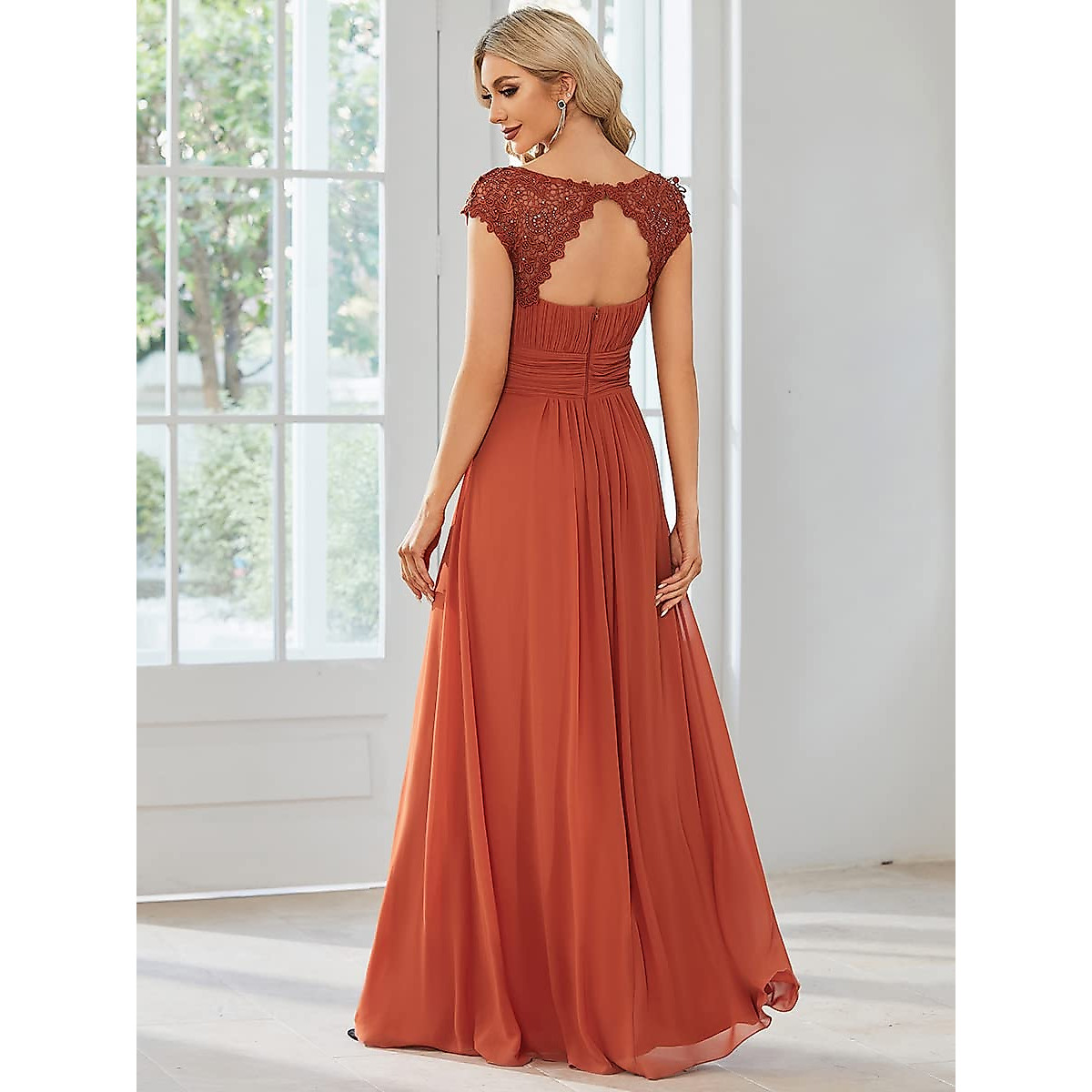 Ever-Pretty Women's Cap Sleeve Ruched Lace A Line Round Neck Chiffon Formal Dresses Evening Gowns Burnt Orange US14