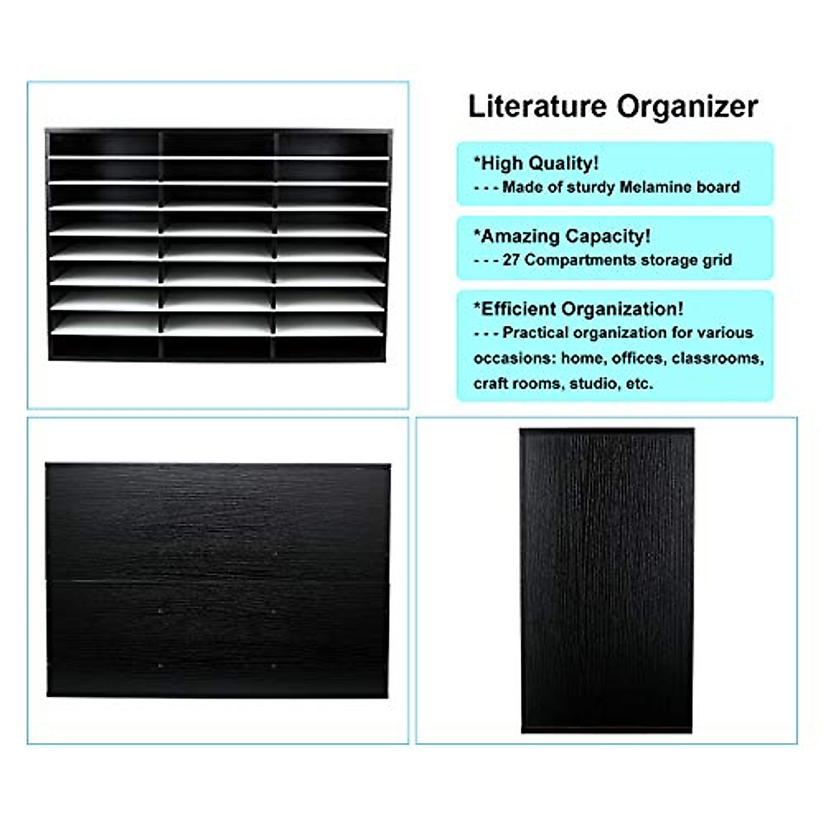 PAG Wood Literature Organizer Office Home File Sorter Mail Center Paper Storage Holder Classroom Keepers Mailbox, 27 Slots Compartment, Black&White