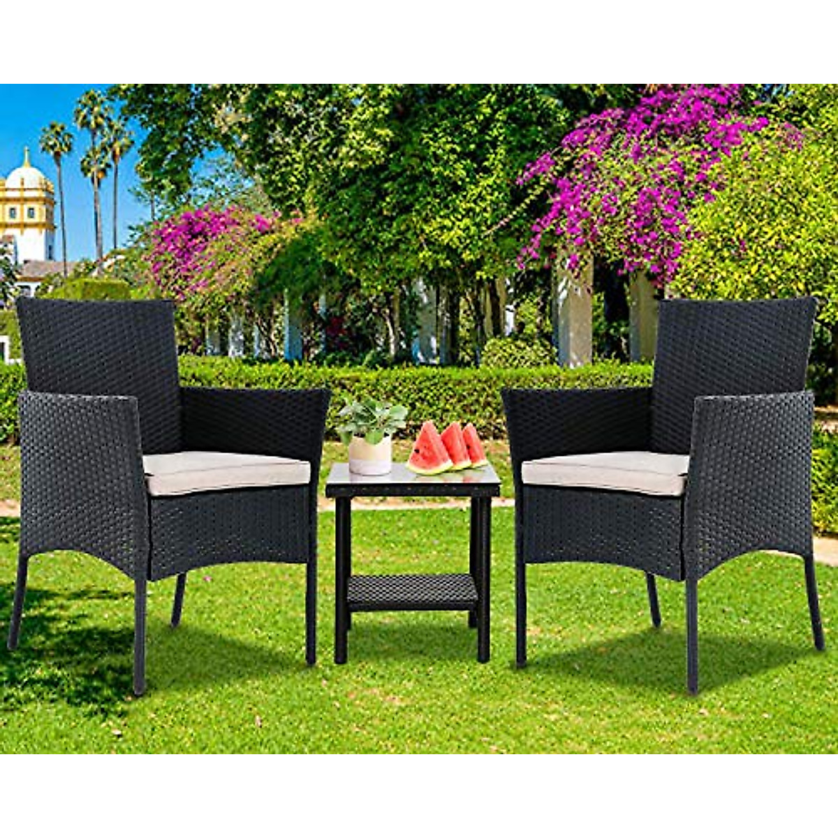 3 Pieces Patio Furniture Sets Outdoor Wicker Bistro Set Clearance Rattan Chairs Patio Set Conversation Sets with Coffee Table for Porch Poolside Balcony Garden Lawn, Black