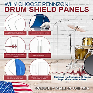 PENNZONI Drum Shield 4ft w/Deflectors & Living Hinges, Comes w/ 6 Drum Panels, Living Hinges & Deflectors Connectors, Premium Clear Acrylic Panels