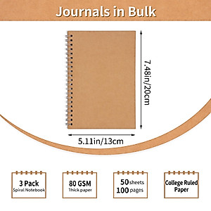 EOOUT 3 Pack Spiral Notebook College Ruled Notebook, 7.48 x 5.11 Inches Journal Soft Kraft Cover,100 Pages/ 50 Sheets for Students Office Business