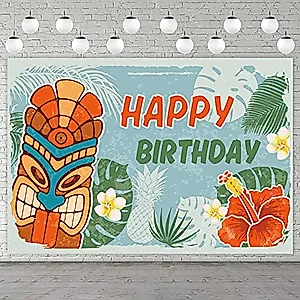 Happy Birthday Banner Backdrop Hawaii Aloha Totem Palm Tree Leaves Theme Decor for Tiki Bar Hawaiian Luau Summer Party Baby Shower Carnival Flag Decorations Favors Supplies Photography