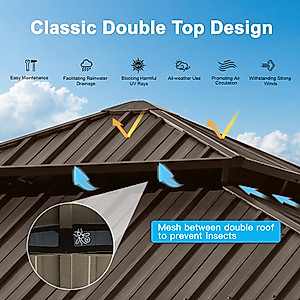 Domi 12x12FT Hardtop Gazebo with Netting & Curtains, Outdoor Aluminum Frame Gazebo with Galvanized Steel Double Roof, Outdoor Permanent Metal Pavilion for Patio Deck Lawn and Garden, Brown