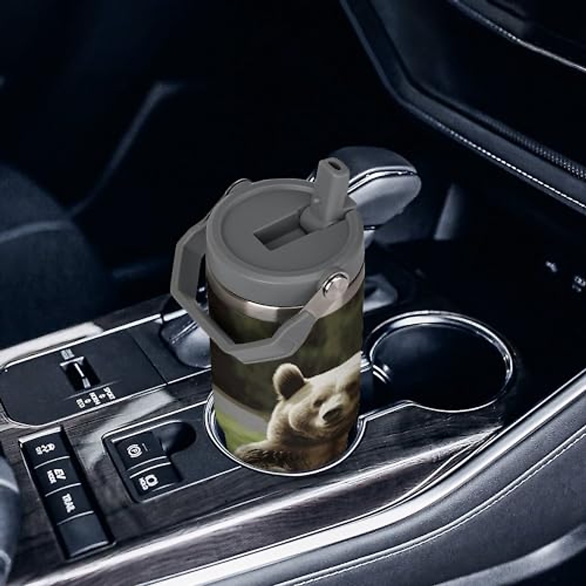 Hi Bear Sit on The Lawn 30oz Stainless Steel Insulated Tumbler with Straw & Foldable Handle - Leakproof, Double-Wall Vacuum Travel Thermos for Hot/Cold Drinks, Non-Slip Base, Fit Cup Holders