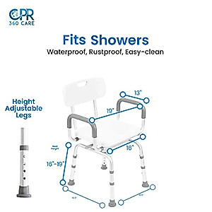 CPR Care Swivel Shower Chair for Inside Shower. 360 Degree Adjustable Height Lightweight Rotating Chair with Arms and Back for Elderly, Seniors, Handicap, Disabled Adults