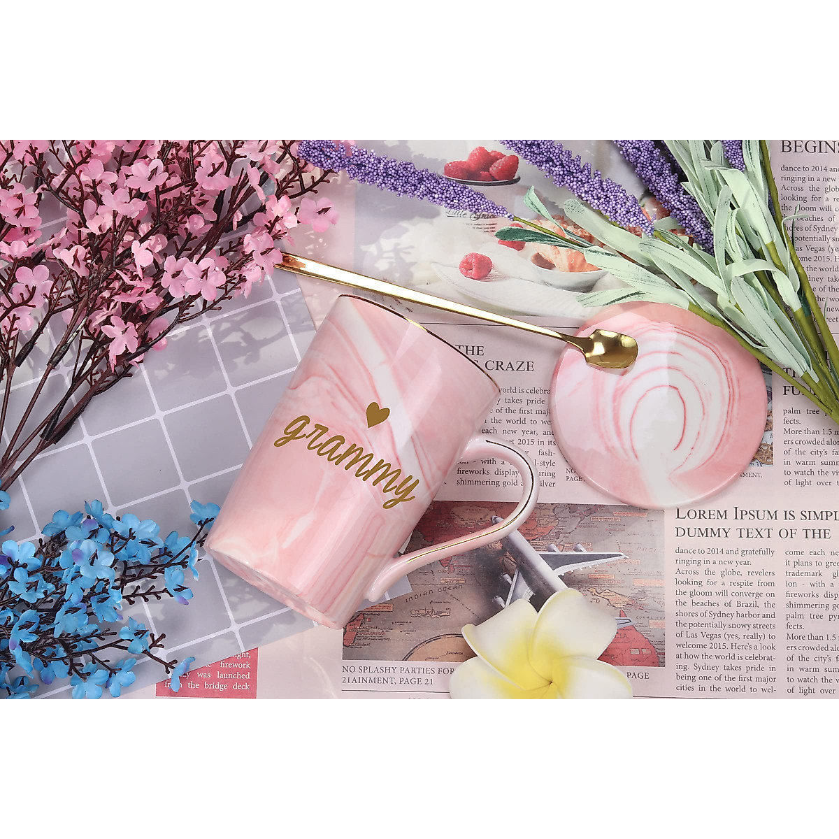 WENSSY Grammy Gift Grandma Coffee Mug Christmas Gifts for Grammy Grandma from Grandchildren 14 Ounce with Box Spoon Coaster Pink