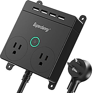 SUPERDANNY Power Strip with USB, 2 Widely Spaced Outlets & 4 USB Ports Desktop Charging Station Wall Mountable Flat Plug Extender with 5ft Extension Cord and Switch for Home Office Nightstand, Black