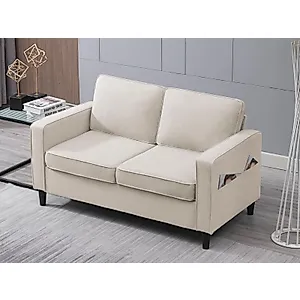 PUREMIND Loveseat Sofa, 54 inch Linen Fabric Small Couch, Modern Upholstered Love Seat Mini Couch with Armrest Pockets, 2 Seater Small Sofa for Small Spaces, Bedroom, Living Room, Office (Beige)