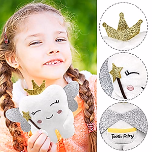 Tooth Fairy Pillow with Shiny Wings Embroidered Tooth Fairy Doll with Pocket Crystal Velvet Tooth Fairy Souvenir Boy Girl Gift (White) (White)