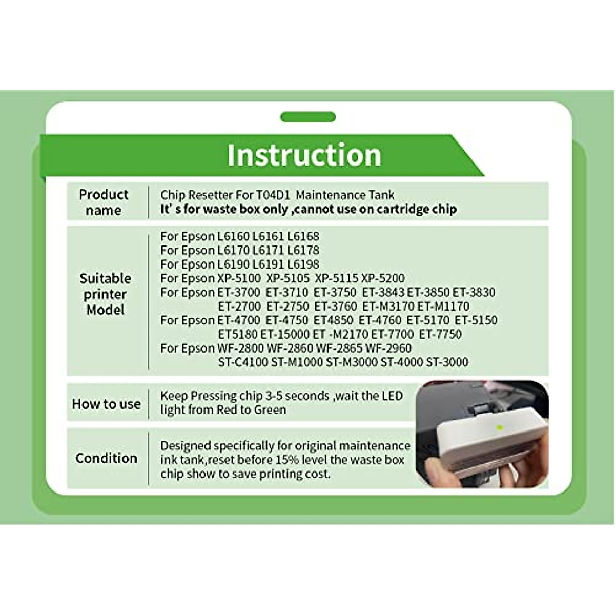 T04D1 Maintenance Ink Tank Waste Box Chip Resetter for Epson L6160 L6161 L6168 L6170 L6171 L6178 L6190 L6191, white
