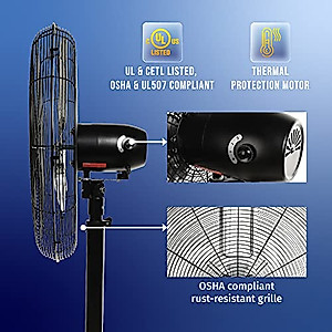 Tornado 24 Inch High Velocity Oscillating Metal Pedestal Fan Commercial, Industrial Use 3 Speed 7600 CFM 1/4 HP 6.6 FT Cord UL Safety Listed