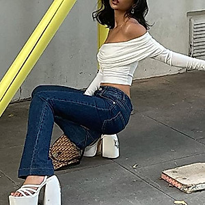 LuFeng Women's Sexy Off Shoulder Double Layer T-Shirt Long Sleeve Y2k Crop Tee Tops Streetwear White