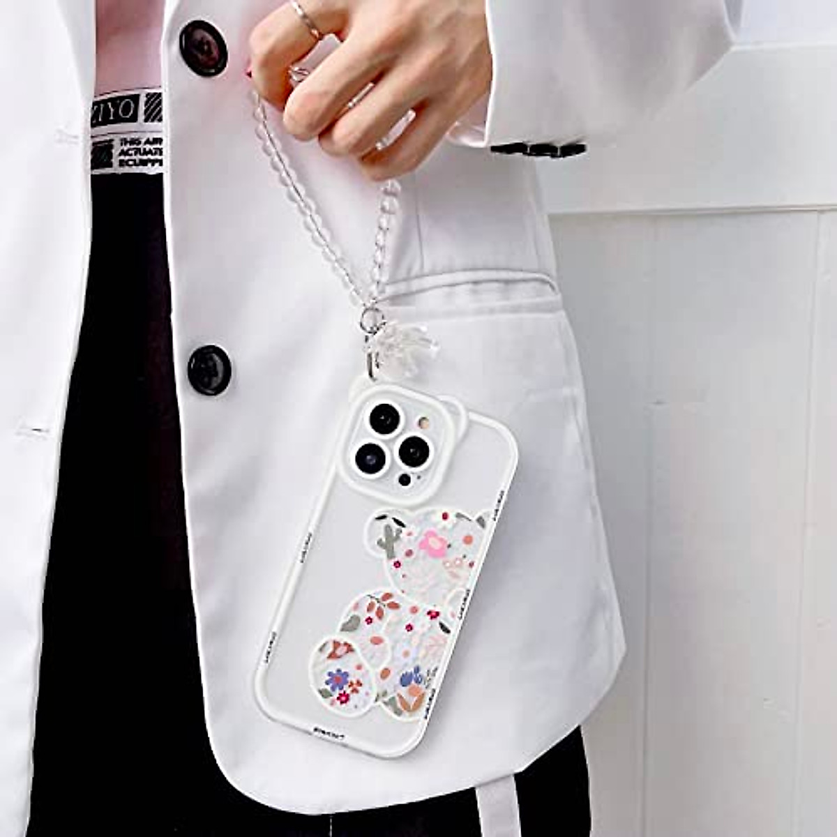 Shinymore for iPhone 13 Pro Max Case,Cute Flowers Bear Camera Protector Clear Case with Lovely Strap Bracelet Chain Girls Women Case for iPhone 13 Pro Max