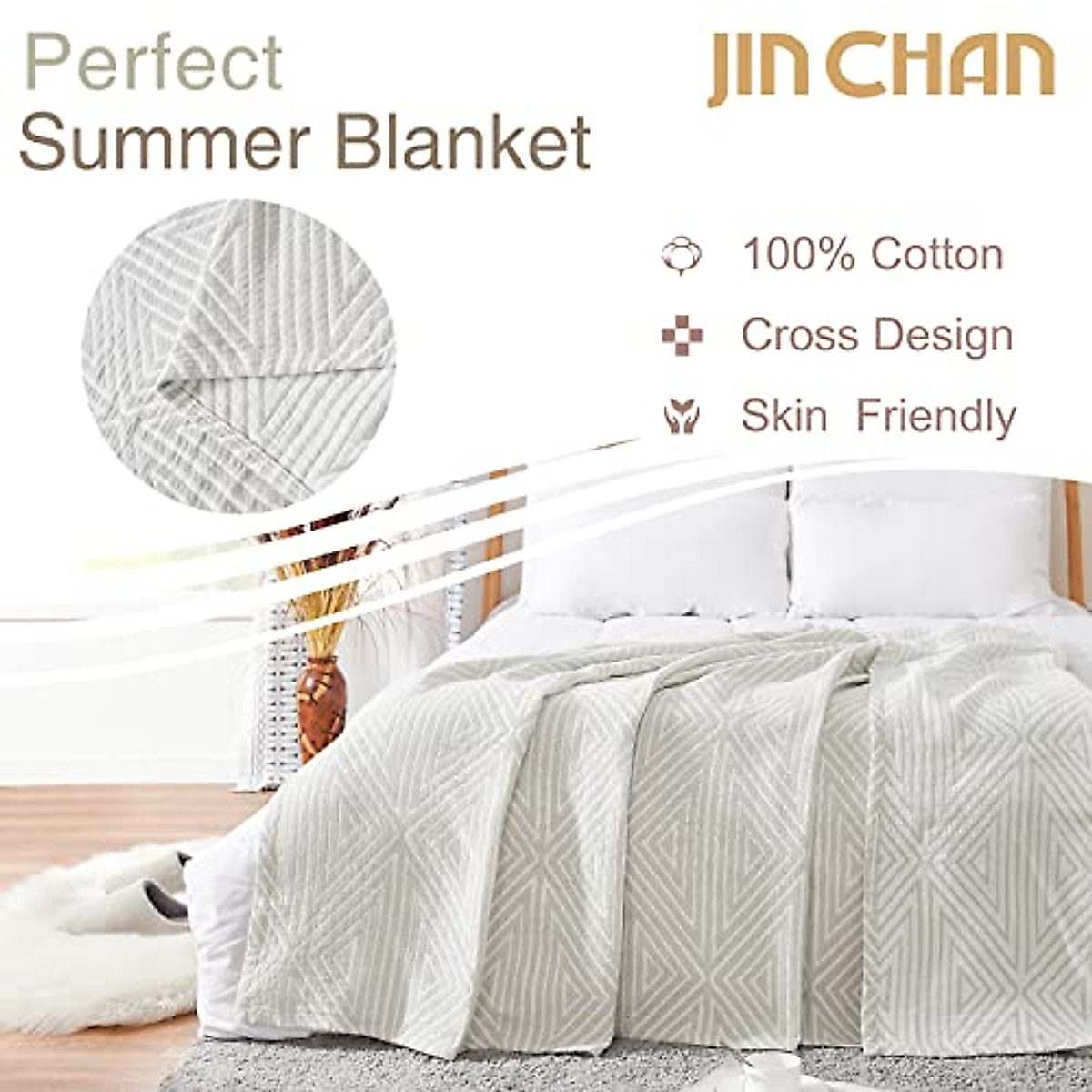 jinchan Cotton Throw Blanket Grey Throw Blanket for Couch Cozy Blanket Cotton Twin Size Bed Throw 3 Layer Spring Blanket Gray Coverlet Geometric Quilt Soft Blanket Baby Kid Gift 60x80 Inch