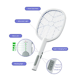 2PACK Electric Fly Swatter,4000V Bug Zapper Racket,2 in 1 Mosquito Zapper Racket with 1200ml Battery Rechargeable Purple Mosquito Killer Lamp with 3 Layers Safety Net Suitable for Indoor and Outdoor