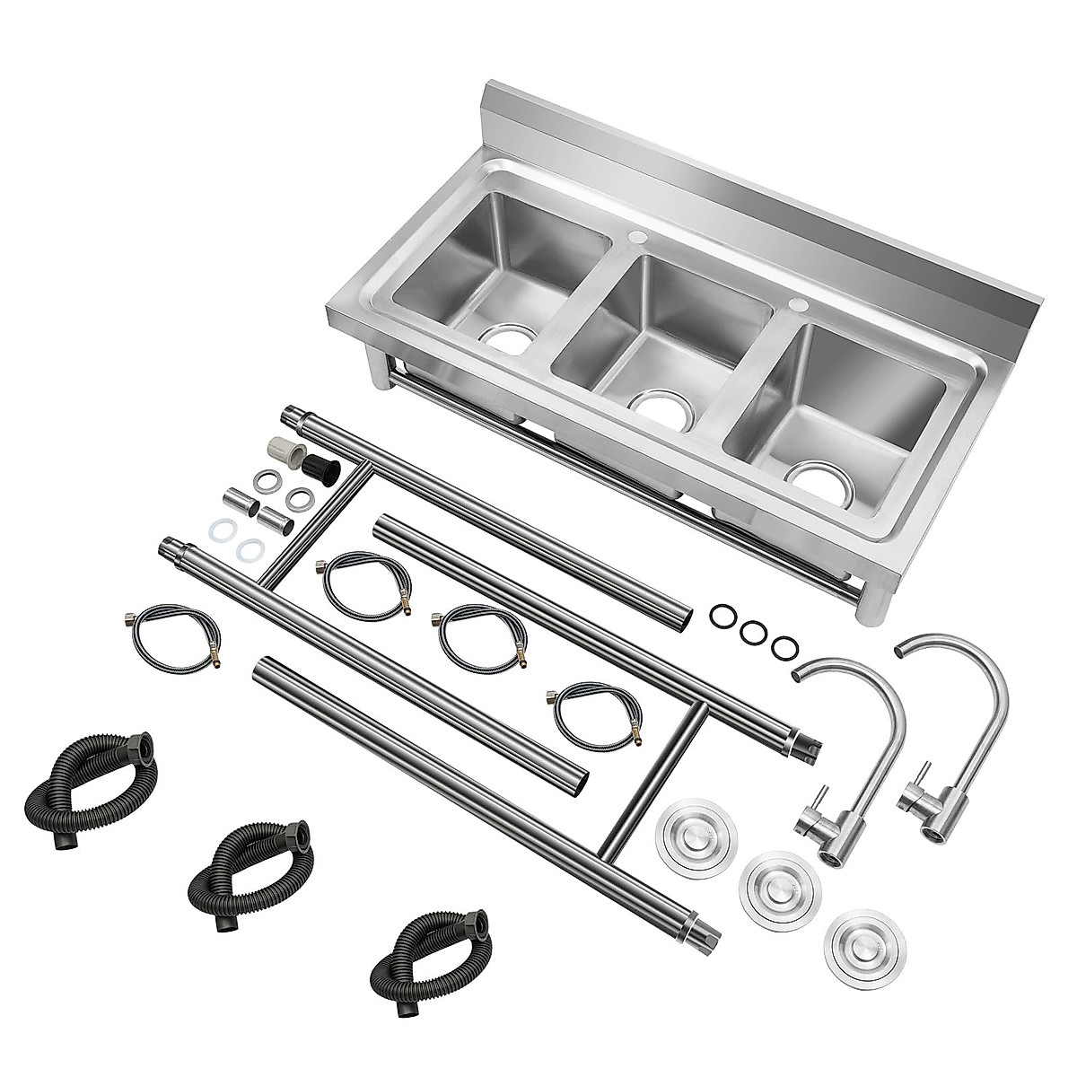 3-Compartment Sink, 304 Stainless Steel Utility Sink Outdoor Sink Freestanding Utility Sink with 2 Hot & Cold Faucet Commercial Triple Bowl Kitchen Sink for Bar Kitchen Each Sink 11"L x 9"W x 7"H