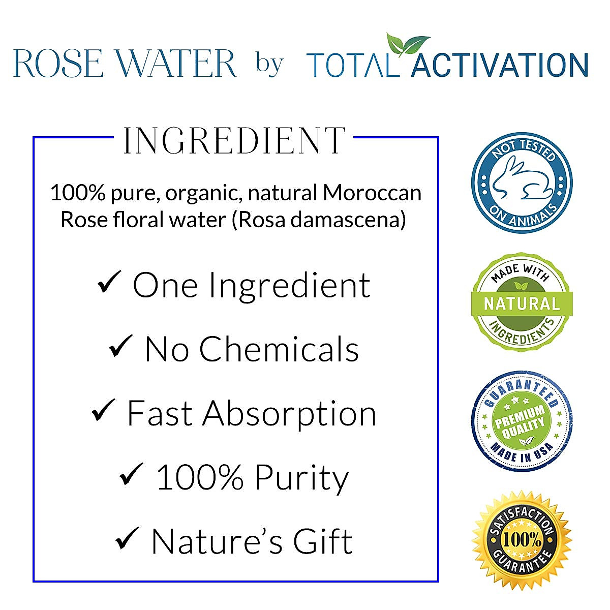 Large 4 oz 100% Pure, Organic Moroccan Rose Water Spray Face Toner, Skin Body Hair Spray, Eye Makeup Remover Alcohol Free Toner Minimizes Scar Hydrating Soothing Mist for Dry Oily Combination Skin