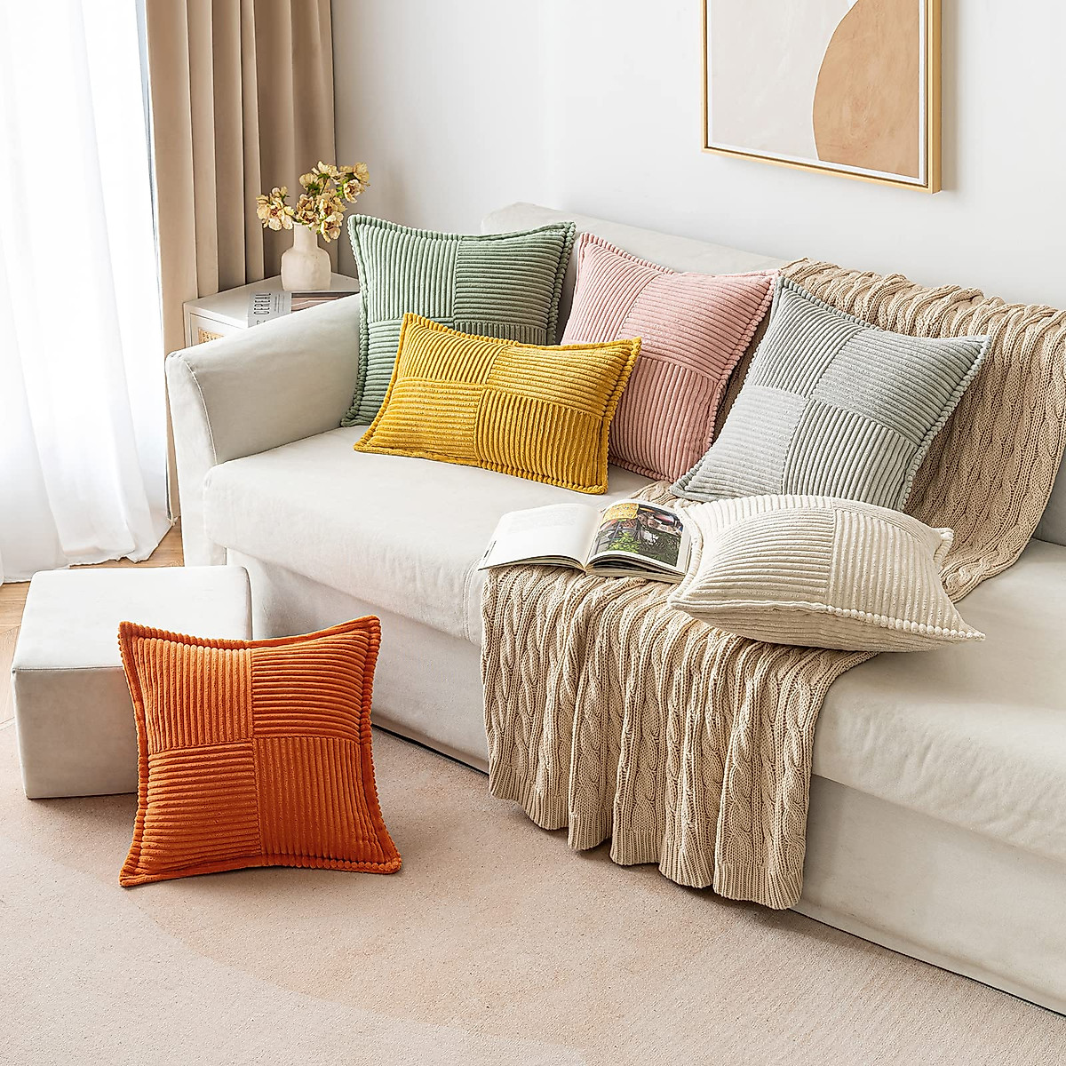 MIULEE Corduroy Pillow Covers with Splicing Set of 2 Super Soft Boho Striped Pillow Covers Broadside Decorative Textured Throw Pillows for Spring Couch Cushion Livingroom 18x18 inch, Beige