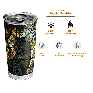 20oz Stained Glass Black Cat Tumbler, Gifts for Cat Lovers, Coffee Thermos for Women, Stainless Steel Double Wall Vacuum Insulated Coffee Mug, Travel Cup with Lid