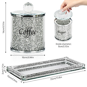 LYTDMSKY 4 Pcs Coffee Sugar Container Set, Tea Canister and Crushed Diamond Tray, Decorative Kitchen Canisters with Lid, Bling Glass Snacks Sugar Containers Kitchen Coffee Jar Storage Containers