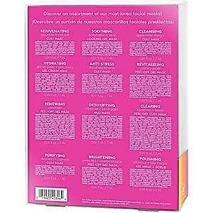 FREEMAN Facial Love To Mask Variety Pack: Oil Absorbing Clay, Detoxifying Charcoal, Clearing Peel Off, Hydrating Gel Cream, Exfoliating Scrub, 14 Piece Kit with Bonus Buffer and Headband