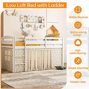 KOTEK Twin Loft Bed, Solid Wood Low Loft Bed for Kids with Ladder & Guard Rails, No Box Spring Needed, Space-Saving Loft Bed Frame for Boys & Girls (White)