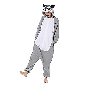 BDZaigozaiwu Adult Raccoon Onesie Pajamas Unisex Animal Cosplay Costume Kigurumi Onesies Halloween Sleepwear Christmas Jumpsuit Grey