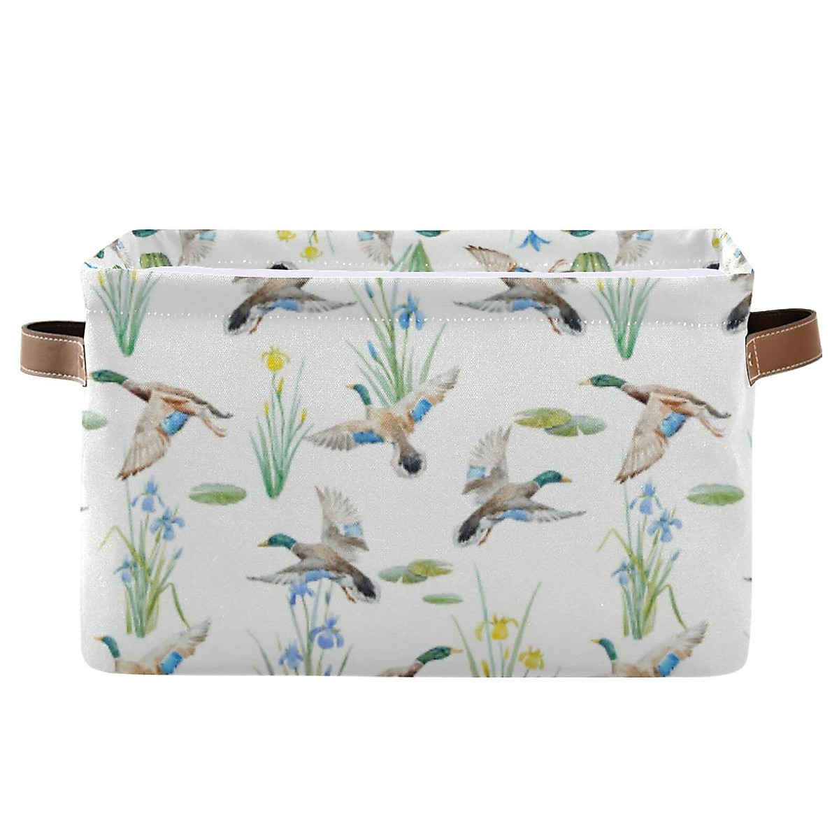Oyihfvs Flying Mallard Ducks Yellow Blue Iris Lotus with Leaves on White 1 PC Rectangle Storage Basket Collapsible Fabric with Leather Handles Bag Organizer Clothes for Home Bedroom 15 x 11 x 9.5 in