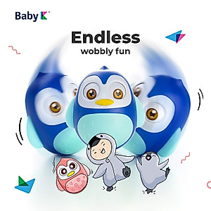 BABY K Penguin Weeble Wobble Toys (Blue) - Tummy Time Wobbler for Montessori Babies - Musical Roly Poly Toy - Shakes, Rolls and Jingles - Developmental Toys for Newborn Infants 3-6, 7-9, 12-18 Months