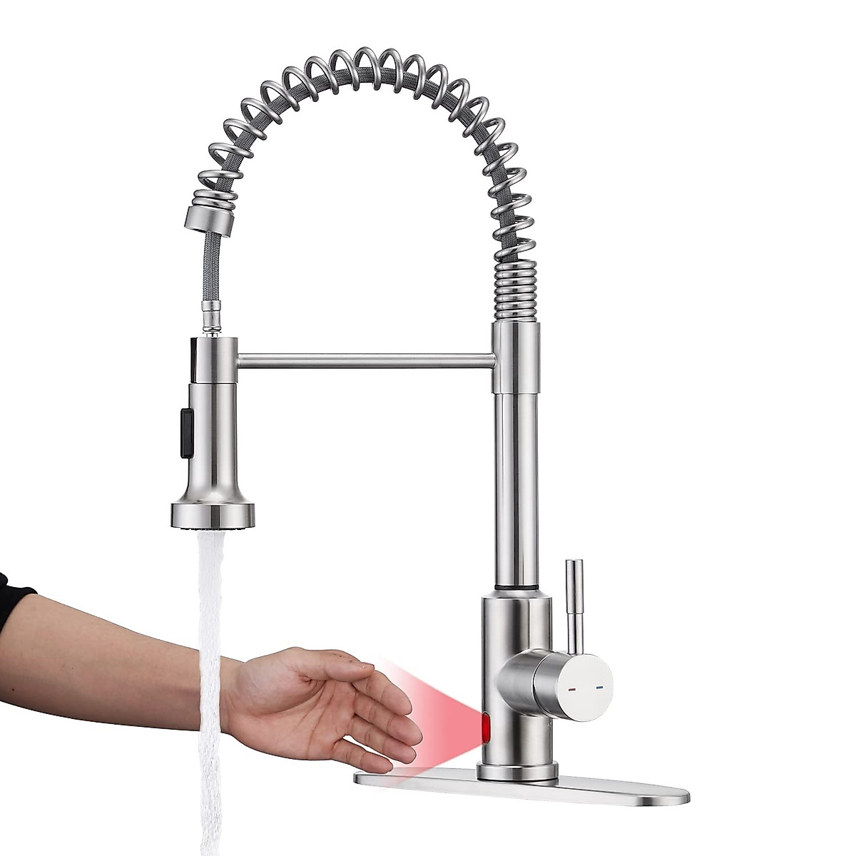 ARRISEA Touchless Kitchen Faucet with Pull Down Sprayer, Infrared Motion Brushed Nickel Spring Sink Faucets with 10'' Deck Plate, Single Handle Stainless Steel Sink Faucet Suit to 3 Holes Countertop